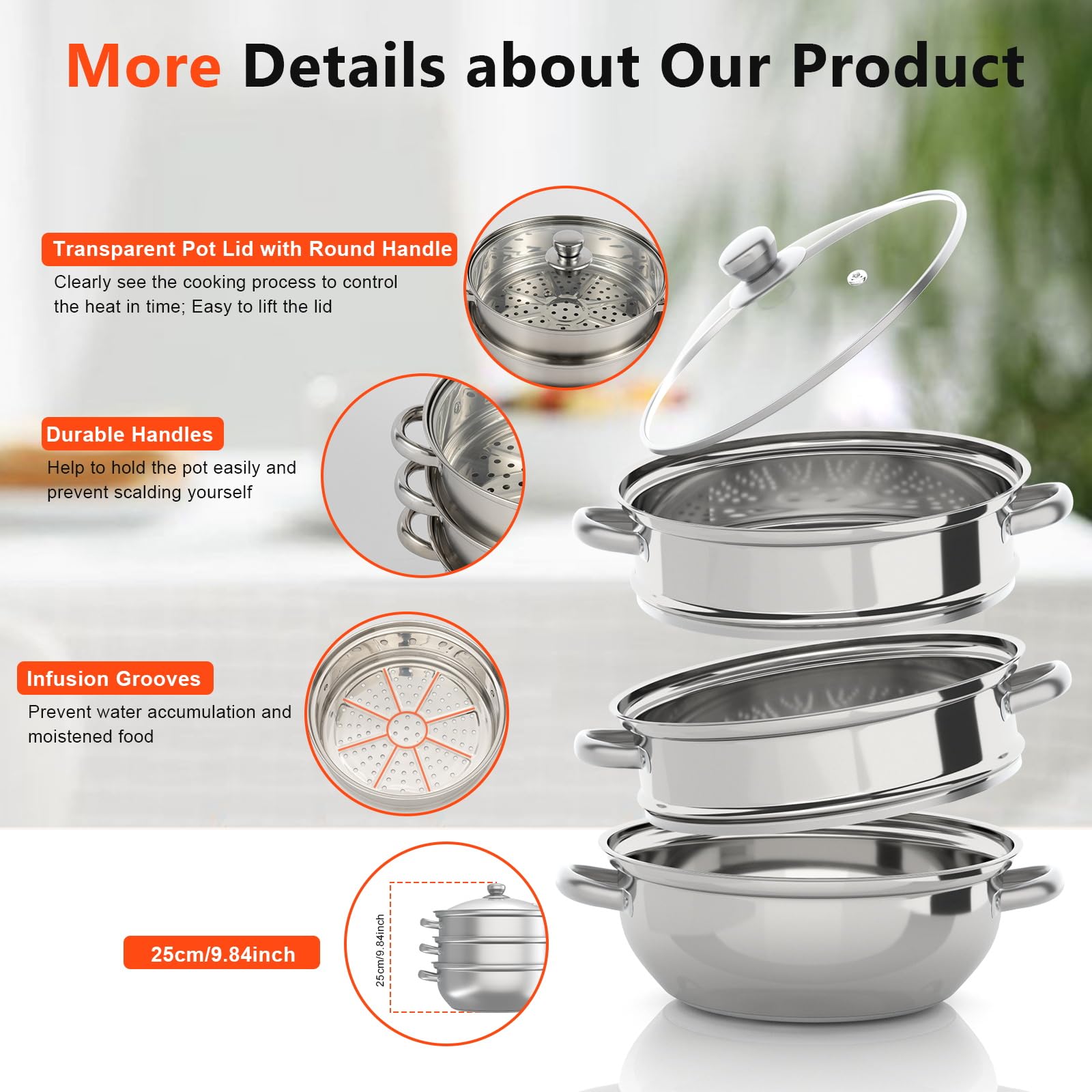 3-Tier Stainless Steel Steamer, Meat Vegetable Cooking Steam Pot Kitchen Steamer Cooker with Handle for Steaming Tamales, Veggie, Broccoli, Couscous, Pasta And Dumplings