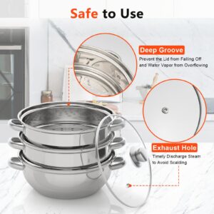 3-Tier Stainless Steel Steamer, Meat Vegetable Cooking Steam Pot Kitchen Steamer Cooker with Handle for Steaming Tamales, Veggie, Broccoli, Couscous, Pasta And Dumplings