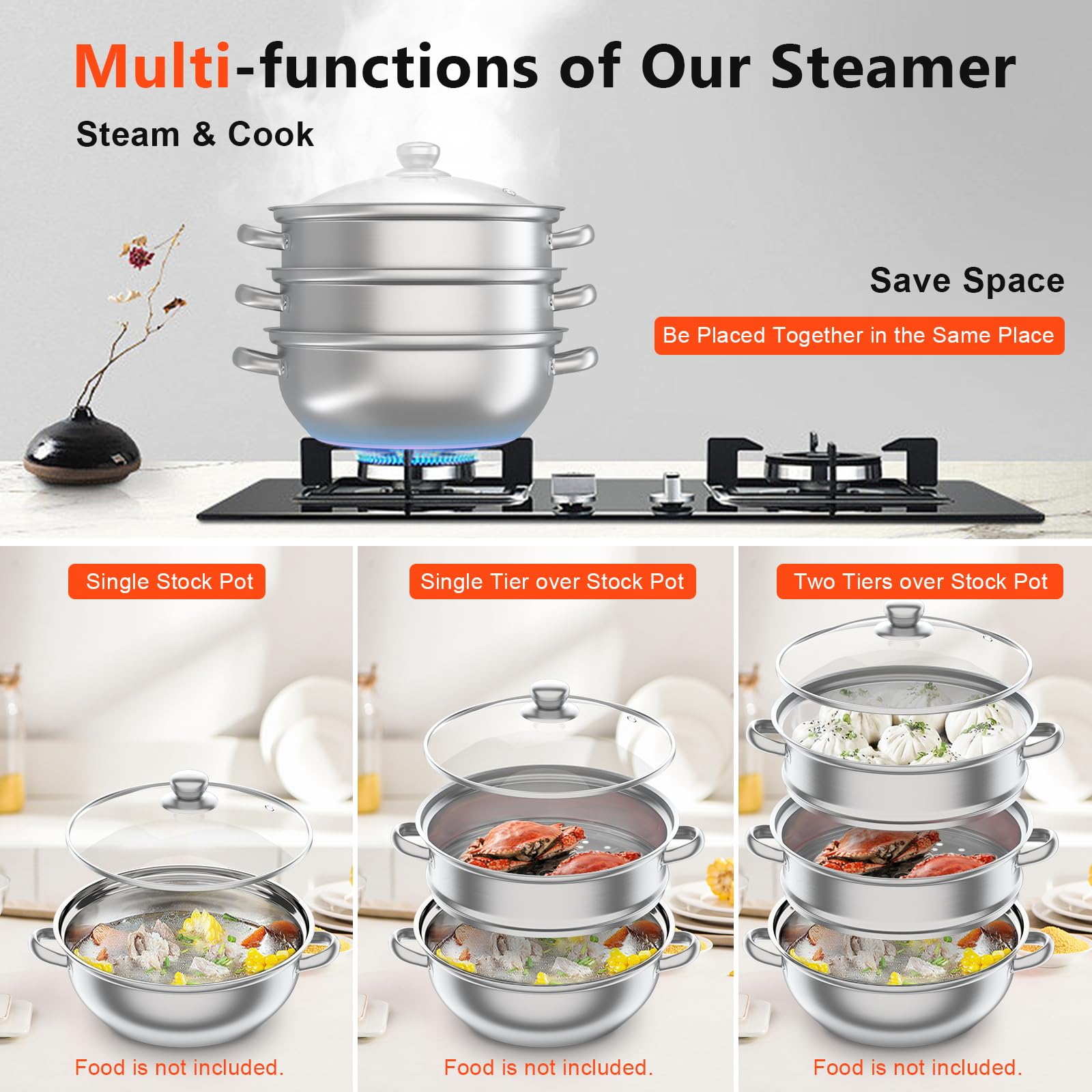 3-Tier Stainless Steel Steamer, Meat Vegetable Cooking Steam Pot Kitchen Steamer Cooker with Handle for Steaming Tamales, Veggie, Broccoli, Couscous, Pasta And Dumplings