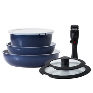 rockurwok pots and pans with removable handle, cookware set with ceramic nonstick coating, suitble for camping | rv, dishwasher safe | ovens safe | pfas free | pfoa free, blue