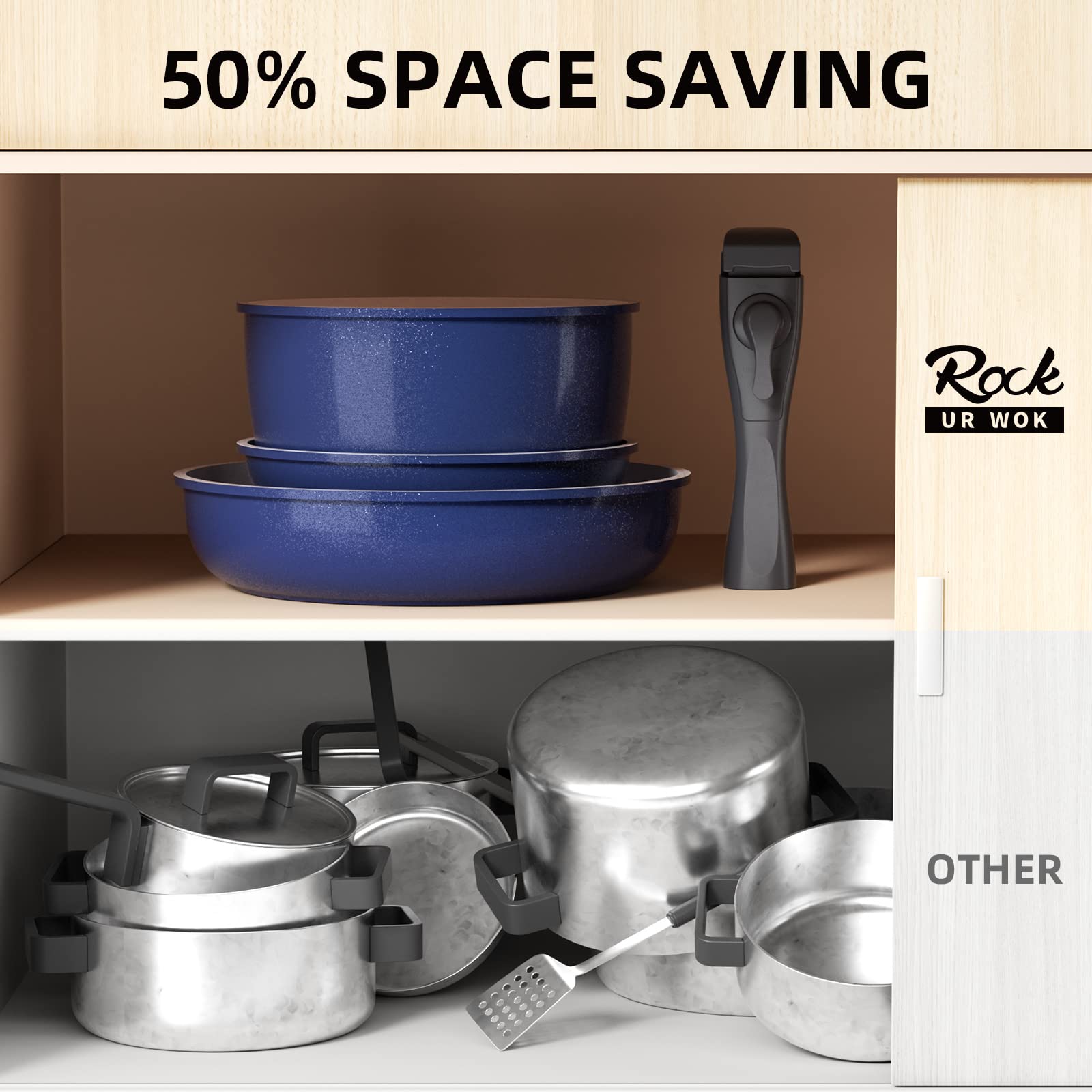 ROCKURWOK Pots and Pans with Removable Handle, Cookware Set with Ceramic Nonstick Coating, Suitble for Camping | RV, Dishwasher Safe | Ovens Safe | PFAS Free | PFOA Free, Blue