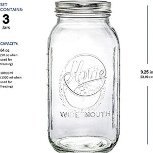 Tebery 3 Pack Wide Mouth Mason Jars 64 oz with Airtight Lids and Band, 1/2 Gallon Clear Glass Storage Jars For Canning, Fermenting, Pickling, Storing