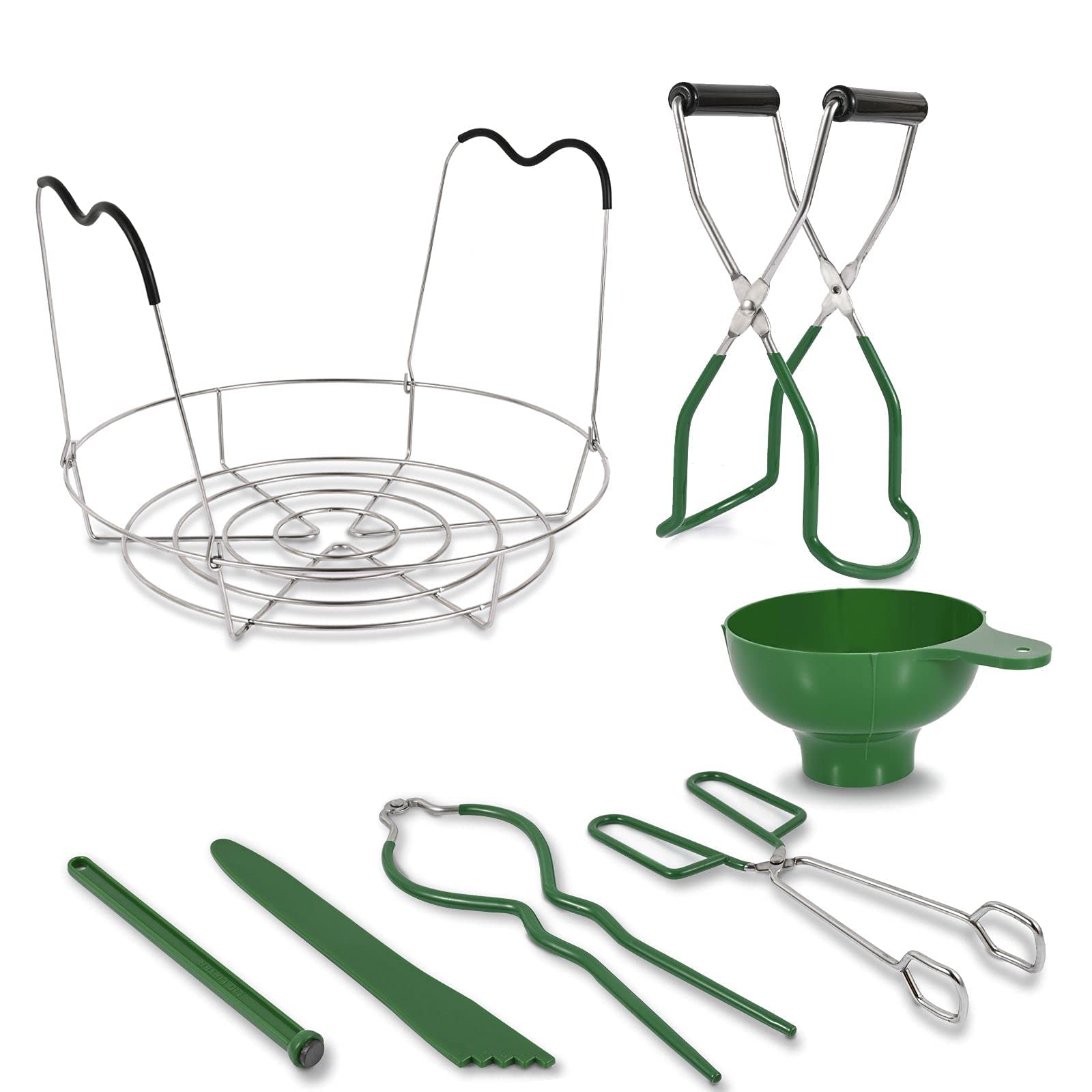 7 in 1 Canning Kit Include Steamer Rack,Canning Funnel,Jar Lifter,Wrench, Tongs,Lid Lifter/Bubble Remover Tool.Suitable for Easy Learning and Making of Household Mason Canning (Green)