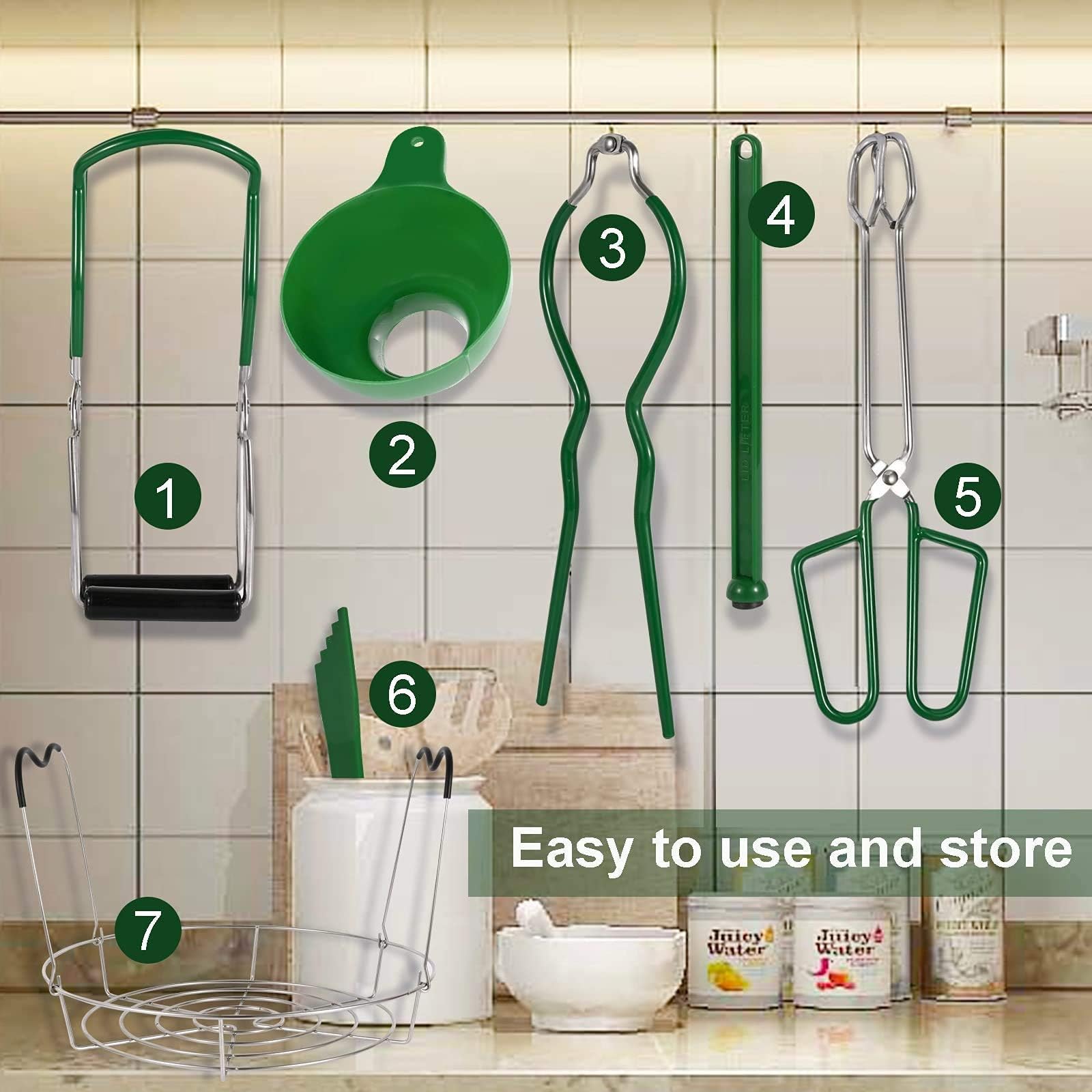 7 in 1 Canning Kit Include Steamer Rack,Canning Funnel,Jar Lifter,Wrench, Tongs,Lid Lifter/Bubble Remover Tool.Suitable for Easy Learning and Making of Household Mason Canning (Green)