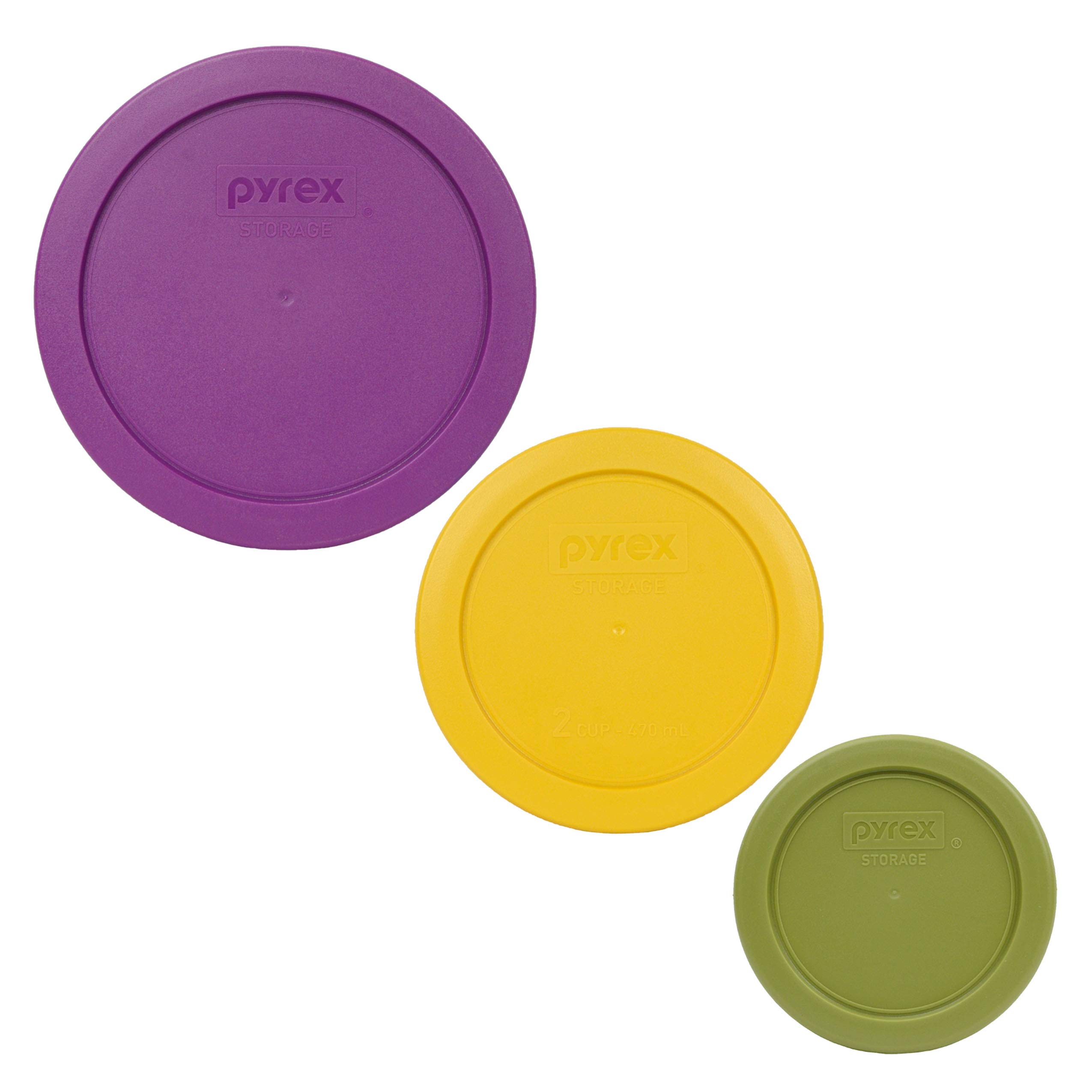 Pyrex (1) 7202-PC 1-Cup Olive Green, (1) 7201-PC 4-Cup Thistle Purple, & (1) 7200-PC 2-Cup Butter Yellow Plastic Replacement Lid, Made in USA