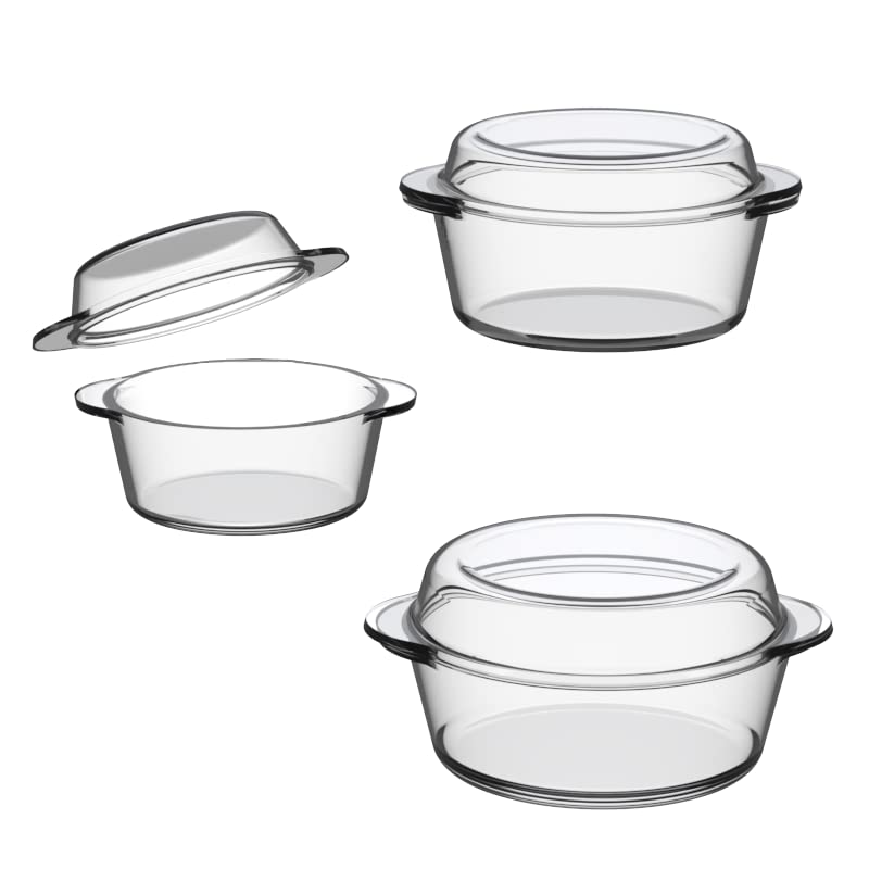 ums Glass Casserole with Lids - Set of 6 Pieces. Glass Casseroles Cookware with Glass Lid, Glass Casserole Dish Set, Borosilicate Glass Durable Bakeware Set, Glass Bowls Dish Oven & Microwave Safe