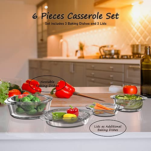 ums Glass Casserole with Lids - Set of 6 Pieces. Glass Casseroles Cookware with Glass Lid, Glass Casserole Dish Set, Borosilicate Glass Durable Bakeware Set, Glass Bowls Dish Oven & Microwave Safe