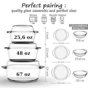 ums Glass Casserole with Lids - Set of 6 Pieces. Glass Casseroles Cookware with Glass Lid, Glass Casserole Dish Set, Borosilicate Glass Durable Bakeware Set, Glass Bowls Dish Oven & Microwave Safe