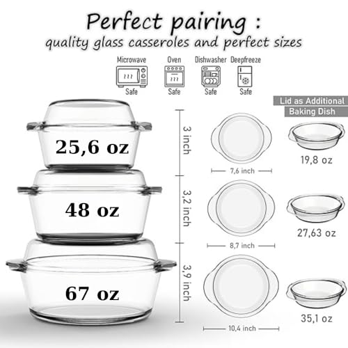 ums Glass Casserole with Lids - Set of 6 Pieces. Glass Casseroles Cookware with Glass Lid, Glass Casserole Dish Set, Borosilicate Glass Durable Bakeware Set, Glass Bowls Dish Oven & Microwave Safe