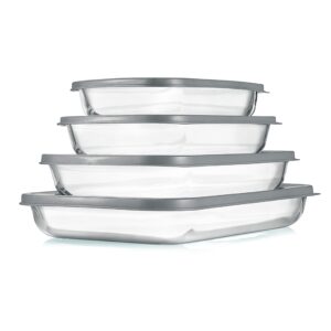 nutrichef 4 sets glass bakeware - high borosilicate rectangular glass baking dish w/gray bpa-free pe lids, freezer-to-oven home kitchen bake casserole food storage stackable tray pan, dishwasher safe