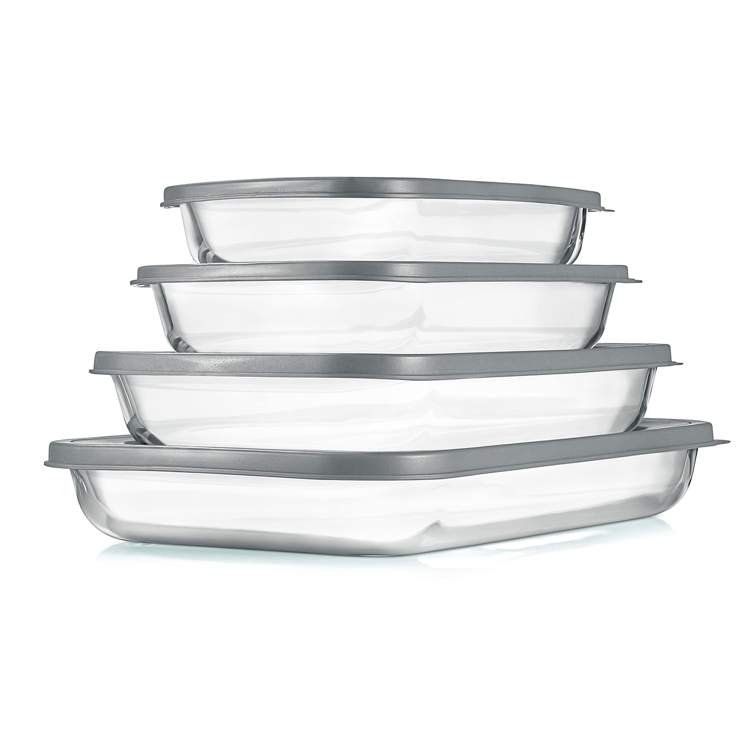 NutriChef 4 Sets Glass Bakeware - High Borosilicate Rectangular Glass Baking Dish w/Gray BPA-Free PE Lids, Freezer-to-Oven Home Kitchen Bake Casserole Food Storage Stackable Tray Pan, Dishwasher Safe