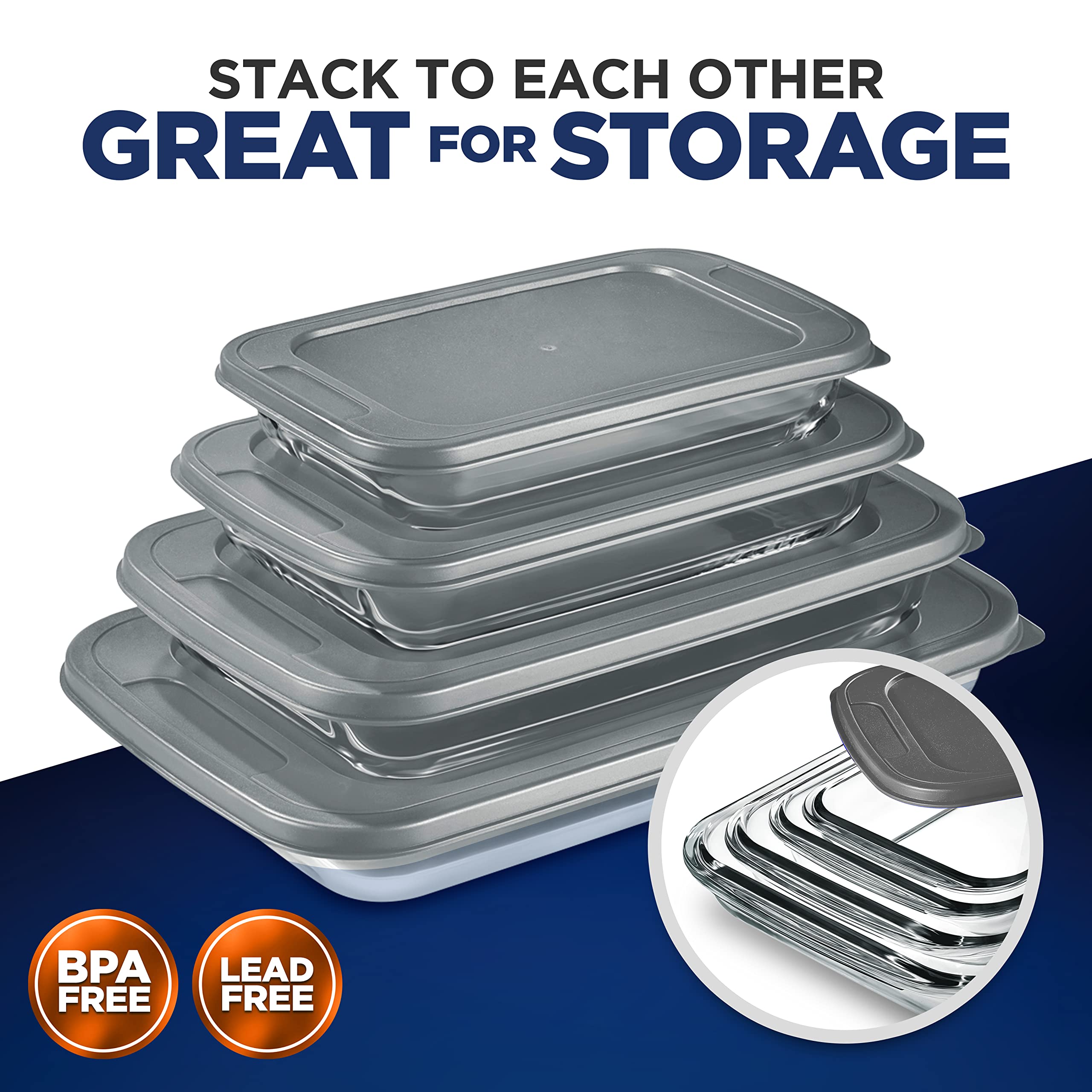 NutriChef 4 Sets Glass Bakeware - High Borosilicate Rectangular Glass Baking Dish w/Gray BPA-Free PE Lids, Freezer-to-Oven Home Kitchen Bake Casserole Food Storage Stackable Tray Pan, Dishwasher Safe