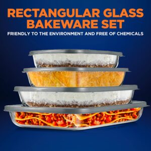 NutriChef 4 Sets Glass Bakeware - High Borosilicate Rectangular Glass Baking Dish w/Gray BPA-Free PE Lids, Freezer-to-Oven Home Kitchen Bake Casserole Food Storage Stackable Tray Pan, Dishwasher Safe