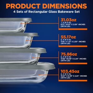 NutriChef 4 Sets Glass Bakeware - High Borosilicate Rectangular Glass Baking Dish w/Gray BPA-Free PE Lids, Freezer-to-Oven Home Kitchen Bake Casserole Food Storage Stackable Tray Pan, Dishwasher Safe