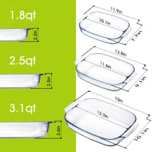 2 QT+2.7 QT+3.3 QT Large Glass Baking Dish Set, Easy Grab Oven Safe Glass Pan for Cooking