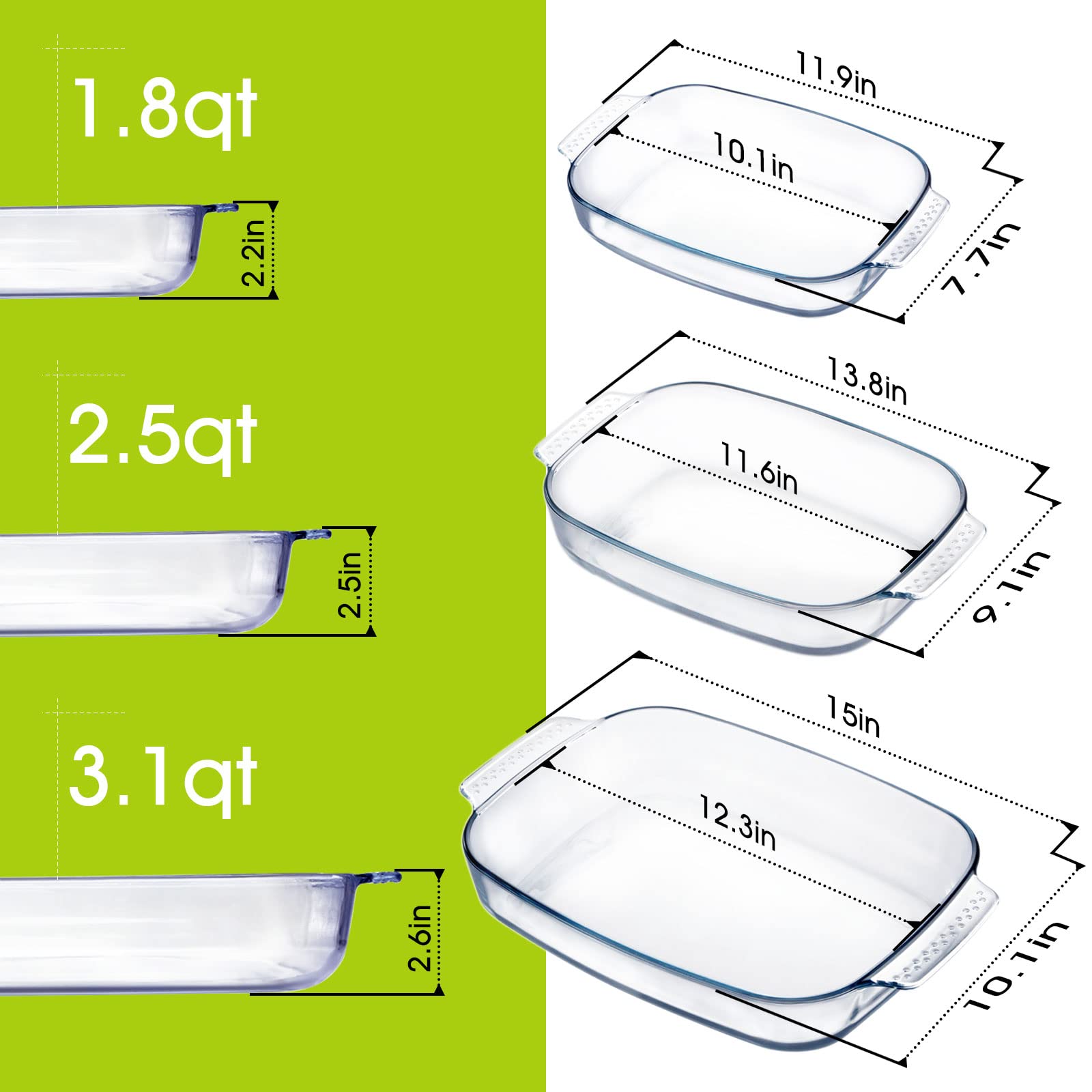 2 QT+2.7 QT+3.3 QT Large Glass Baking Dish Set, Easy Grab Oven Safe Glass Pan for Cooking