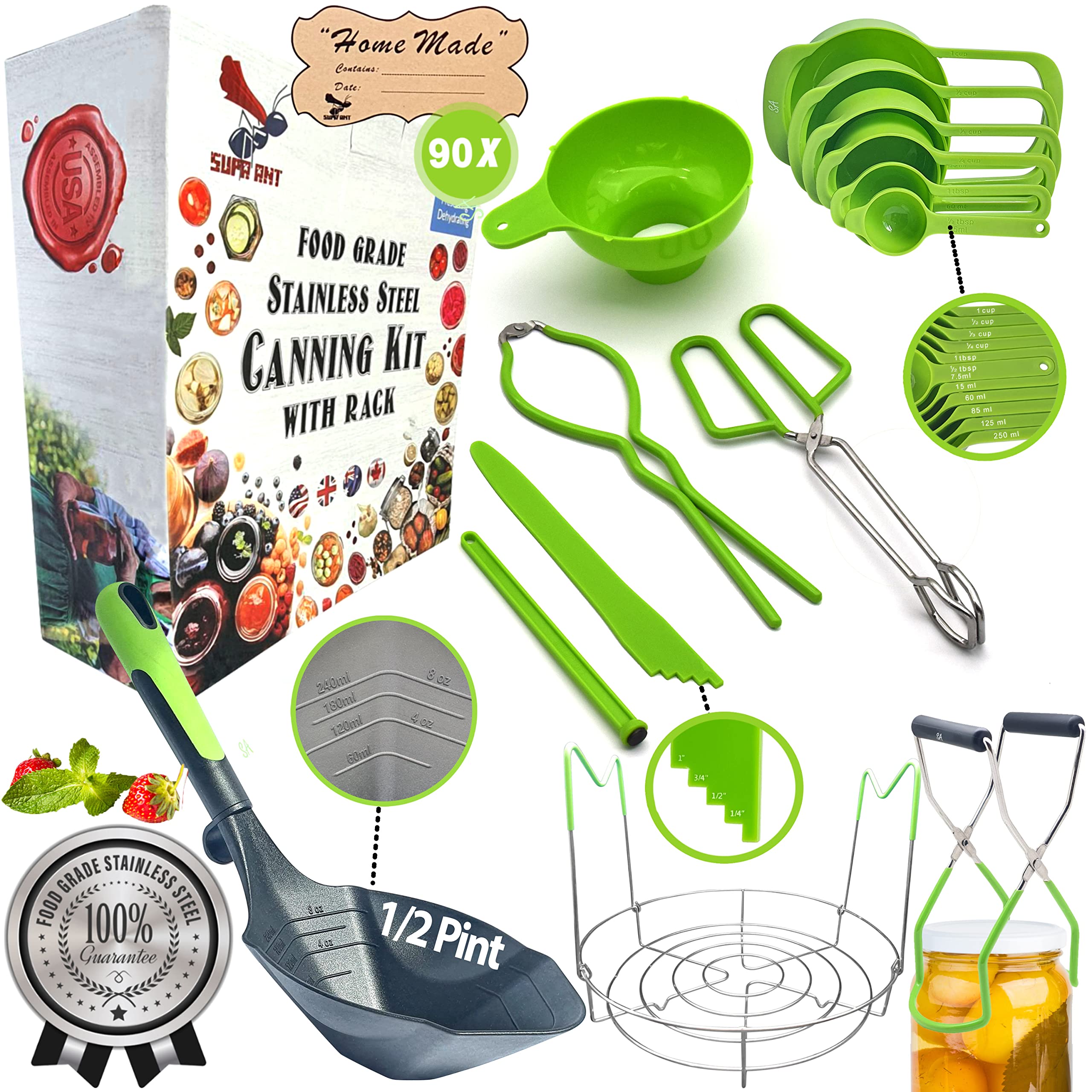 Canning kit + Canning Rack + X-Large Ladle +Measuring Cups, Canning Funnel, Tongs, Jar Lifter, Lid Lifter, Bubble Popper, 90x Labels - Canning Supplies - Canning Supplies Starter Kit