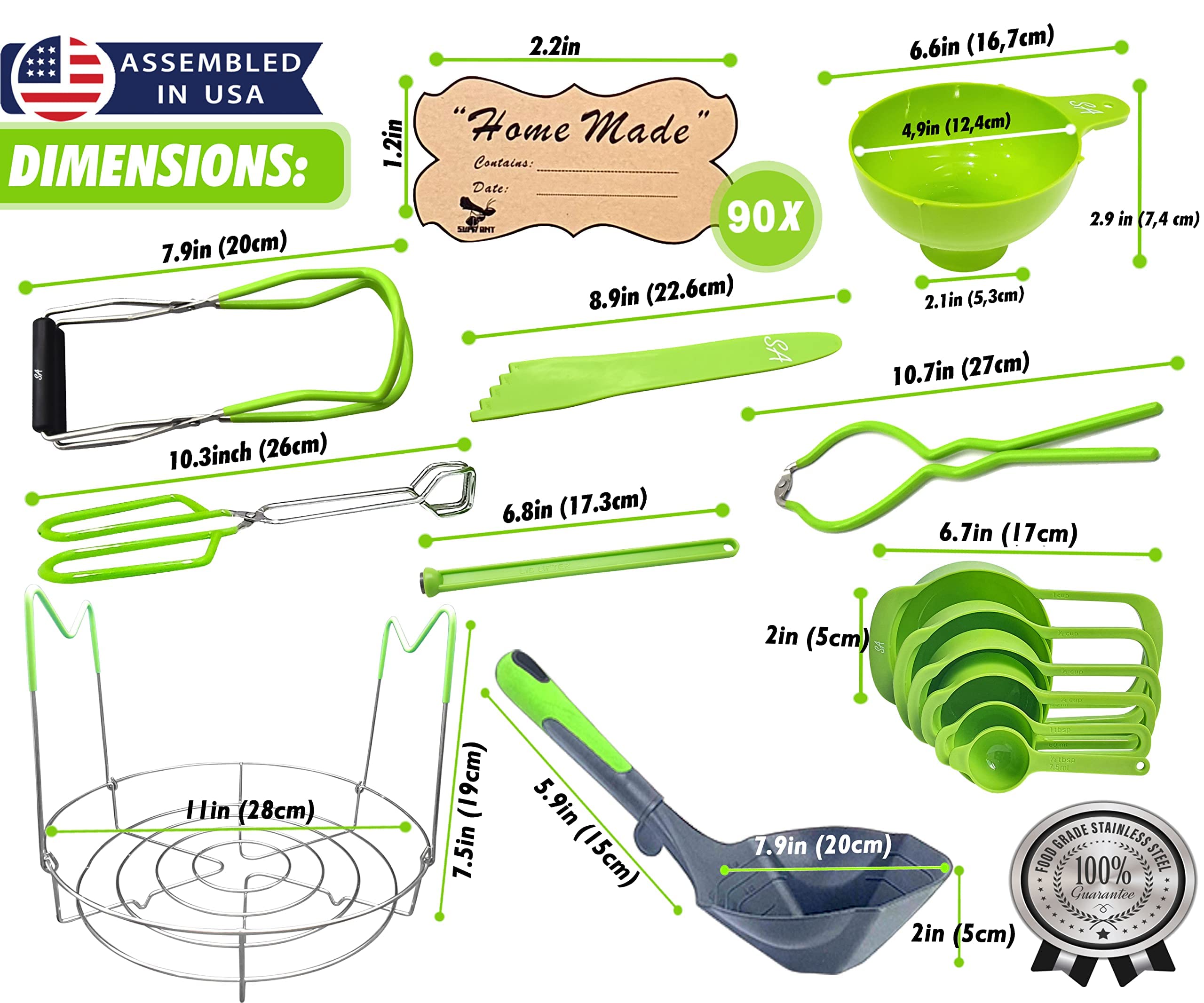 Canning kit + Canning Rack + X-Large Ladle +Measuring Cups, Canning Funnel, Tongs, Jar Lifter, Lid Lifter, Bubble Popper, 90x Labels - Canning Supplies - Canning Supplies Starter Kit