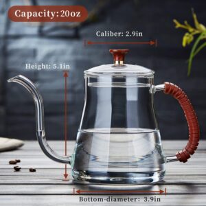 Unbreakable Gooseneck Kettle for Drip Coffee 20OZ Pour Over Coffee Kettle Tea Kettle for Stove Top,600ml/20oz Glass Coffee Kettle with Lid,Water Kettle Coffee Pot