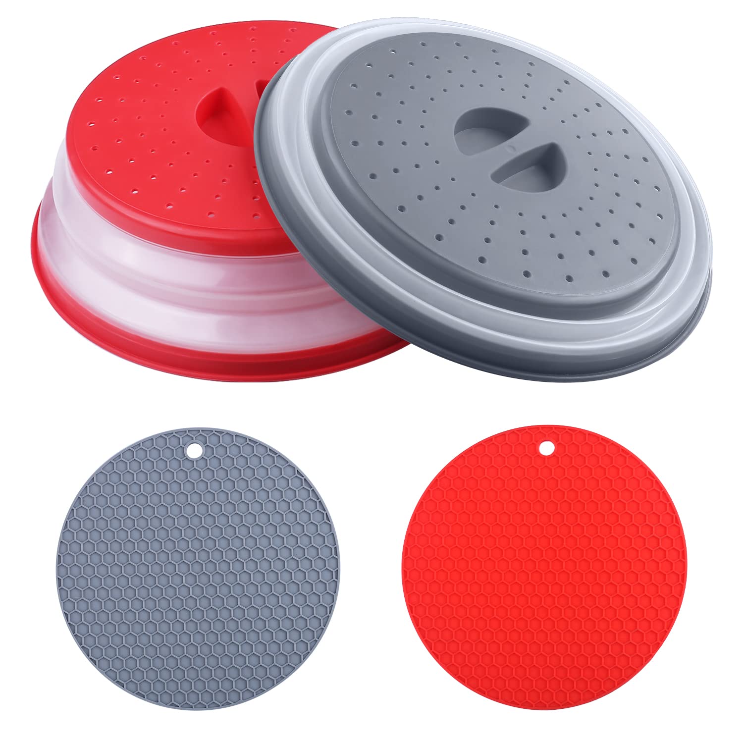 ANZEKE Vented Collapsible Microwave Splatter Cover,Food Cover,Colander Kitchen Gadget,Include Anti-scald Silicone Mats,Dishwasher-safe,BPA-FreeSilicone & Plastic（2Set Grey And Red)