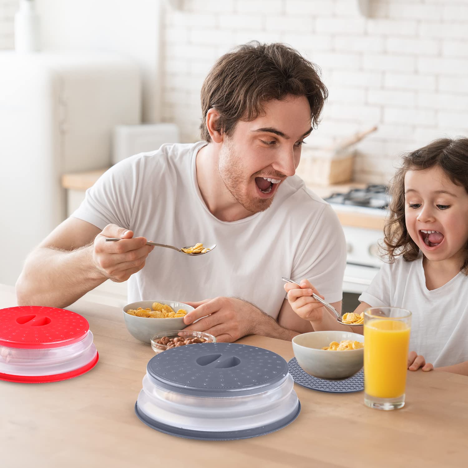 ANZEKE Vented Collapsible Microwave Splatter Cover,Food Cover,Colander Kitchen Gadget,Include Anti-scald Silicone Mats,Dishwasher-safe,BPA-FreeSilicone & Plastic（2Set Grey And Red)