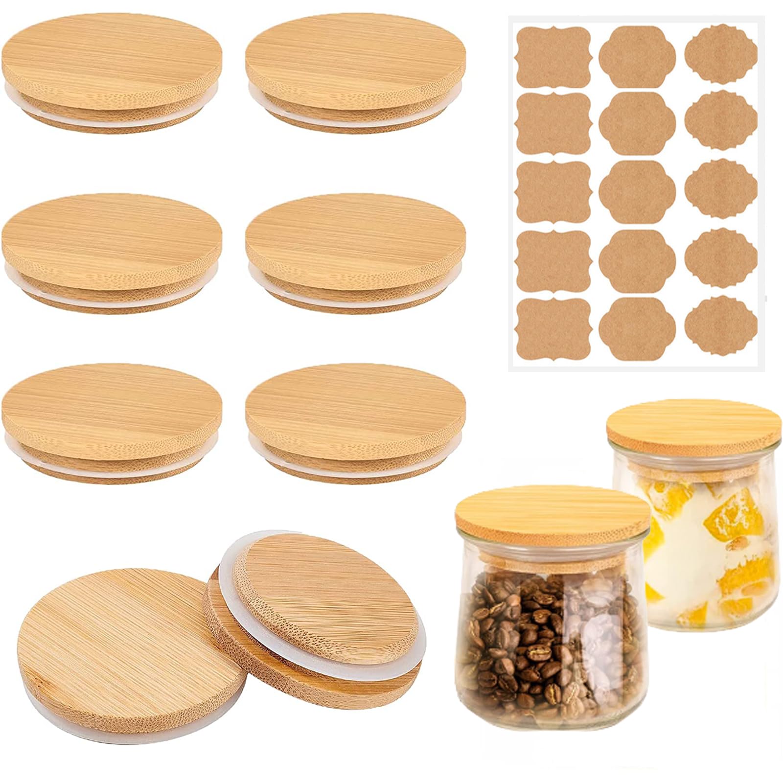 Oui Yogurt Jar Lids, 8PCS Oui Lids, Reusable Bamboo Wooden Lids for Oui Yogurt Jars with Airtight Silicone Sealing Ring and Labels Fit for 5oz oui Jar