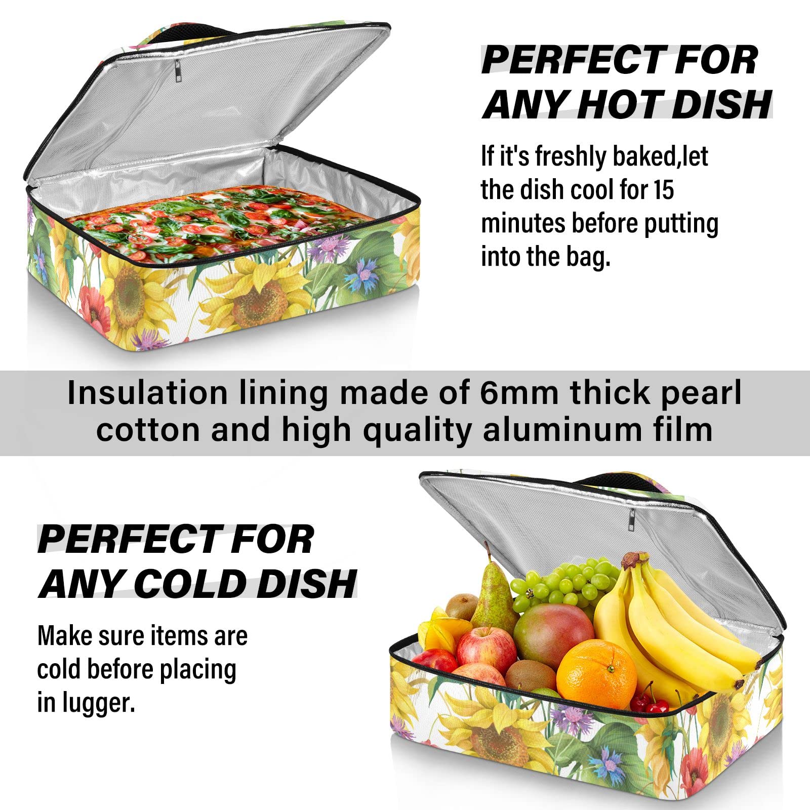 Kigai Sunflower Cornflower Poppy Pattern Insulated Casserole Carriers for Hot or Cold Food Storage, Perfect for Parties, Picnics, and Camping; Fits 9” x 13”Baking Dishes; Casserole Carrying Case