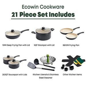 Ecowin Non Stick Cooking Sets, Granite Coating Nonstick Cookware Set, Kitcken Pots and Pans PFOA Free, Oven Safe & Dishwasher Safe - 21 Pieces