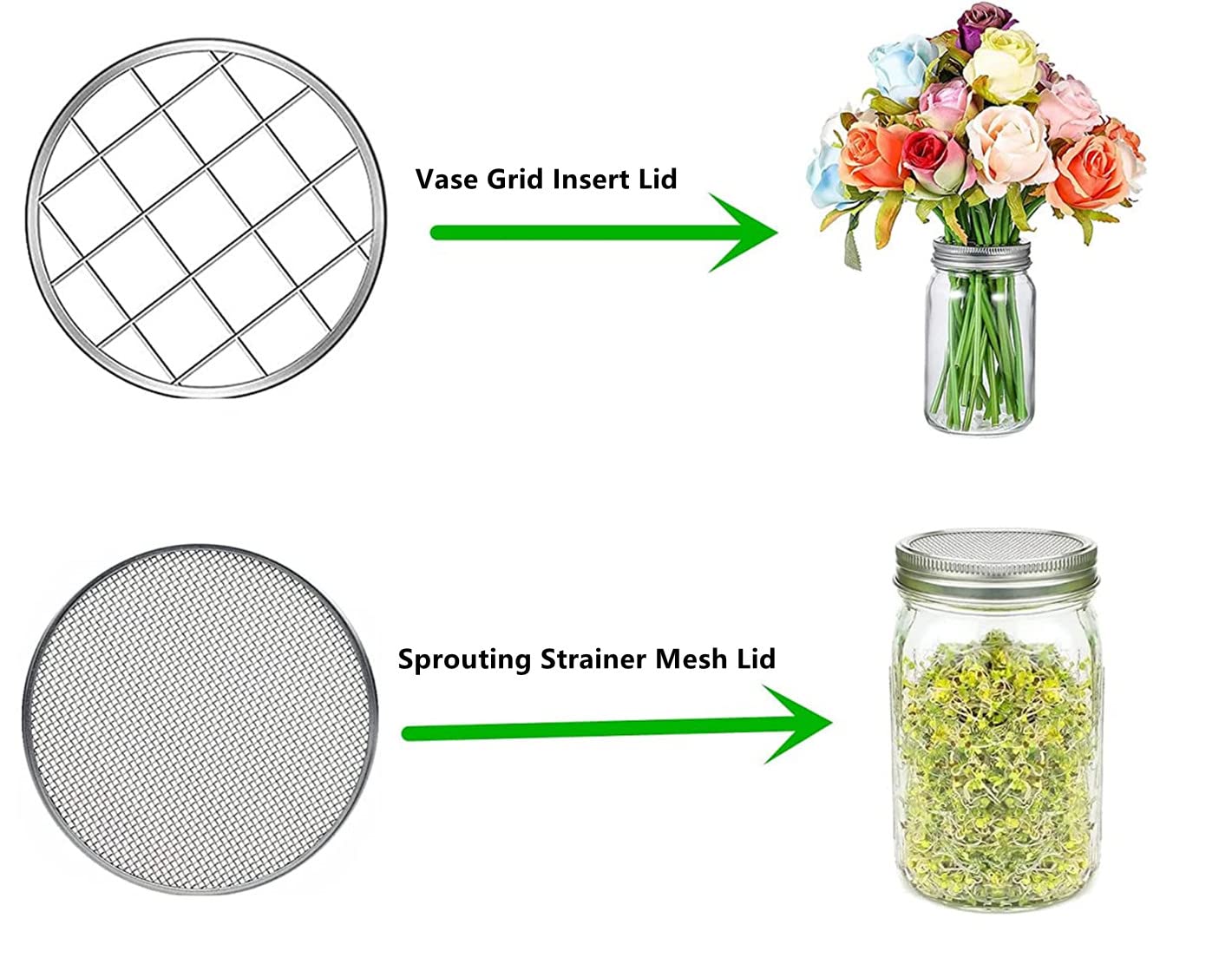 6 Pieces Mason Jar Wide Mouth Mesh Strainer Sprouting Lids Stainless Steel Flower Jar Insert Lids for Canning Jars Seed Sprouting Salad Sprouts & Flower Organizer Insert Lid Kit