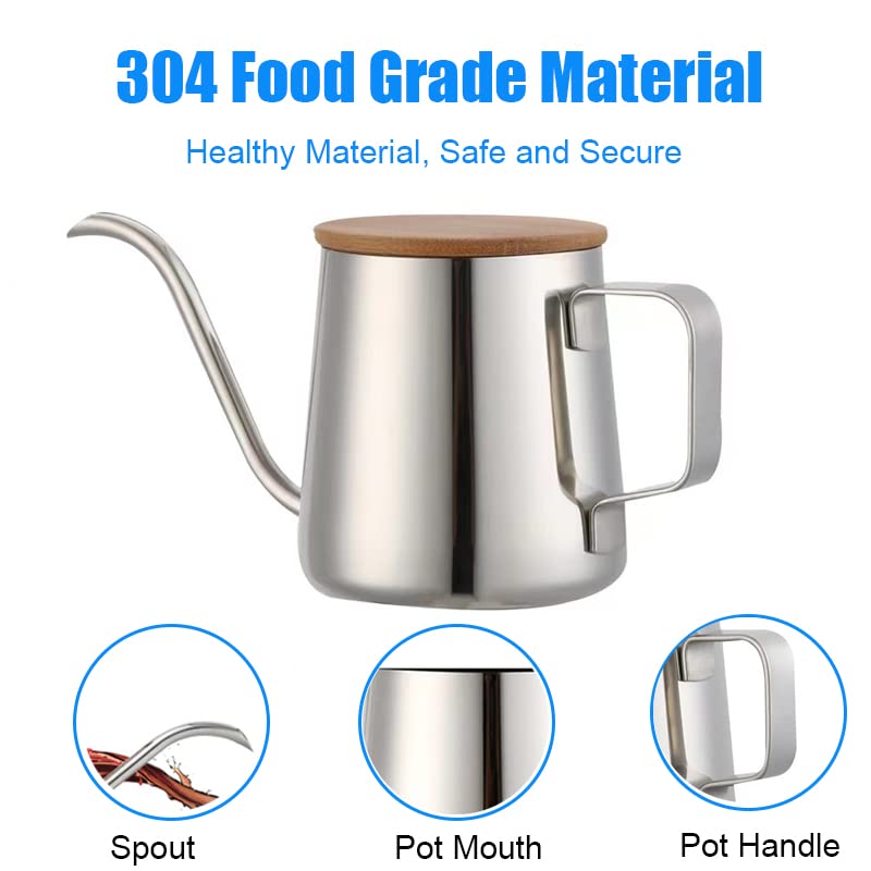 Pour Over Drip Kettle 350ml Stainless Steel Gooseneck Coffee Kettle Long Narrow Spout Hand Drip Coffee Tea Pot with Lid Small and Simplicity (silver)