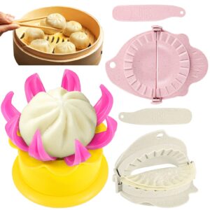 5 pieces bun maker bun dumpling maker steam filled plastic mold and filling spoon cooking tool set for kids learning to make delicious bun and dumplings(yellow, pink, beige)