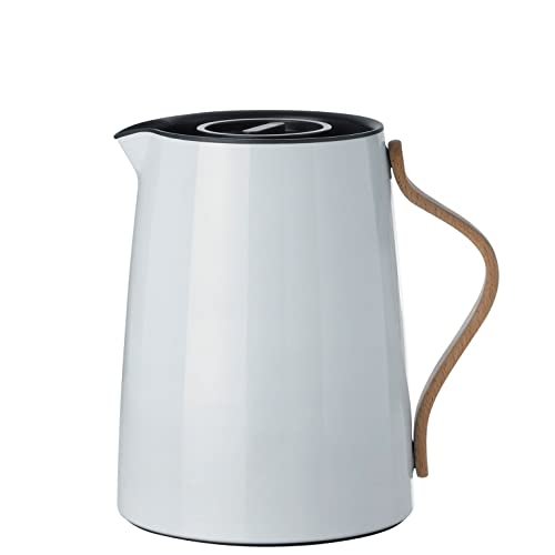 Stelton Emma Vacuum Tea Jug - Plastic Insulated Teapot with Lid & Stainless Steel Thermal Insert for Hot Beverage - Modern Design, Smart Built-in Infuser Filter, Beechwood Handle - 1 Litre (White)