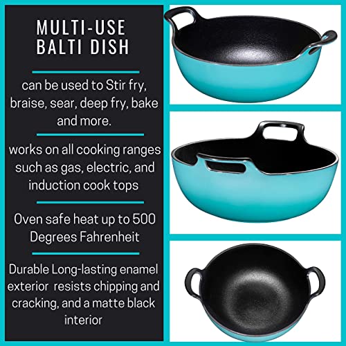 Bruntmor 3 Qt Enamel Cast Iron Balti Dish - Nonstick Handi for Curries, Asian Wok, Dutch Oven for Casseroles, Stovetop Stir Fry Pan