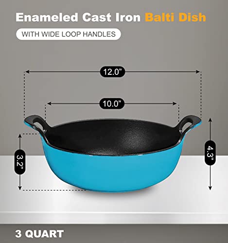 Bruntmor 3 Qt Enamel Cast Iron Balti Dish - Nonstick Handi for Curries, Asian Wok, Dutch Oven for Casseroles, Stovetop Stir Fry Pan