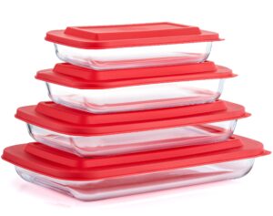 joyful by joyjolt 8pc glass bakeware set. 4x baking pan dishes and 4x baking dish lids for kitchen storage, deep baking sheet, oven tray, rectangle casserole dish, lasagna pans, cake baking sheets