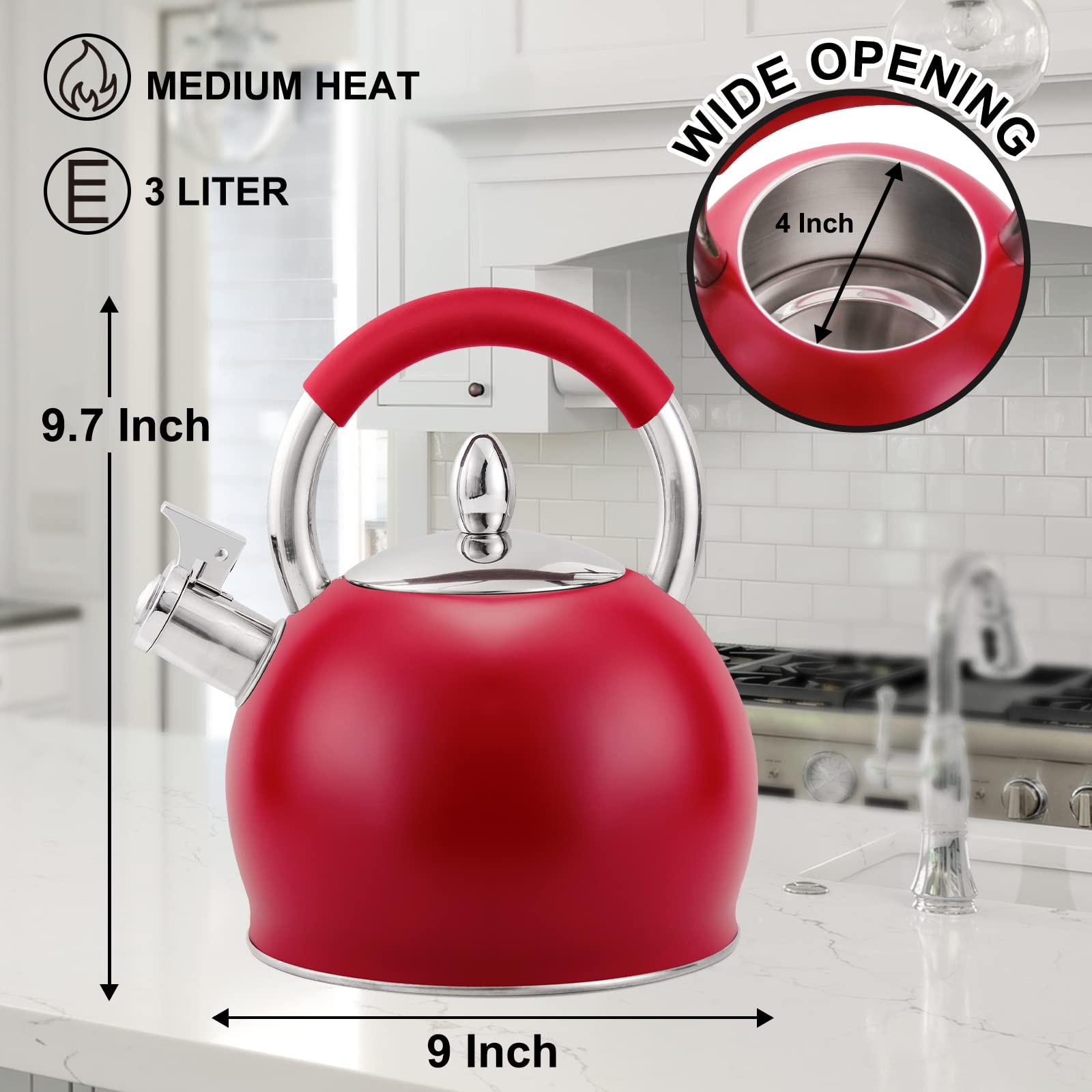 HRHongRui Whistling Tea Kettle for Stove Top Stainless Steel Tea Pot with Ergonomic Silicone Handle Teapot for Stovetop 3.2 Quart / 3 Liter Red