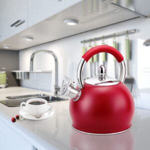 HRHongRui Whistling Tea Kettle for Stove Top Stainless Steel Tea Pot with Ergonomic Silicone Handle Teapot for Stovetop 3.2 Quart / 3 Liter Red