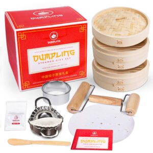 dumpling maker, soup dumpling kit w/dumpling mold! kitchen gadget, bamboo steamer basket, dumpling cutter, agar, roller, recipes. unique gifts. make your own dumplings, dim sum, chinese steamer