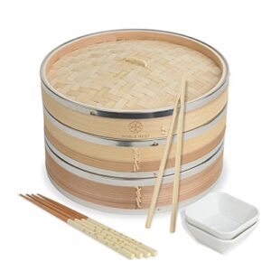 noble nest deluxe bamboo steamer basket 10-inch | 2-tier vegetable steamer for cooking | dumpling maker | food steamer pot | veggie steamer | 2-pairs of chopsticks, sauce dish & 50 perforated liners