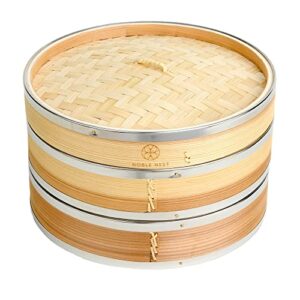 Noble Nest Deluxe Bamboo Steamer Basket 10-inch | 2-Tier Vegetable Steamer for Cooking | Dumpling Maker | Food Steamer Pot | Veggie Steamer | 2-Pairs of Chopsticks, Sauce Dish & 50 Perforated Liners