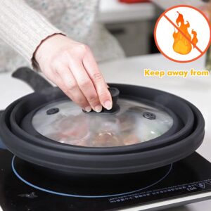 Microwave Splatter Cover Glass Cover Splatter Guard Lid Collapsible Silicone Cover Black Vented Tempered Glass Universal Lid for Pot Pan Skillet Heat Resistant Silicone Rim Lid Black