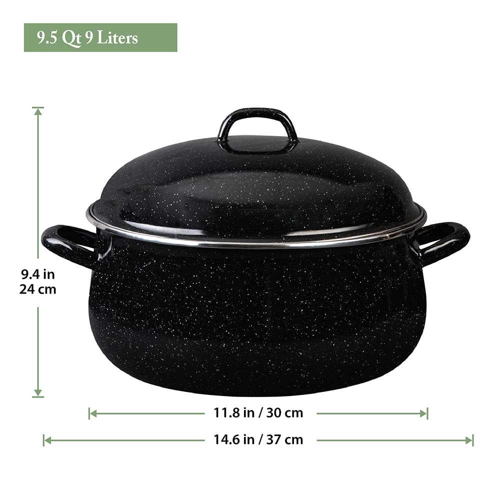 Granite Ware 9.5 Qt Heavy Gauge Dutch Oven with Lid. (Speckled Black) Enamelware. Stainless Steel. Suitable for Cooktops, Oven to Table. Dishwasher Safe.