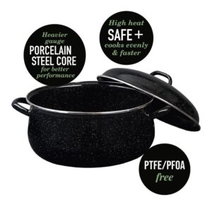 Granite Ware 9.5 Qt Heavy Gauge Dutch Oven with Lid. (Speckled Black) Enamelware. Stainless Steel. Suitable for Cooktops, Oven to Table. Dishwasher Safe.