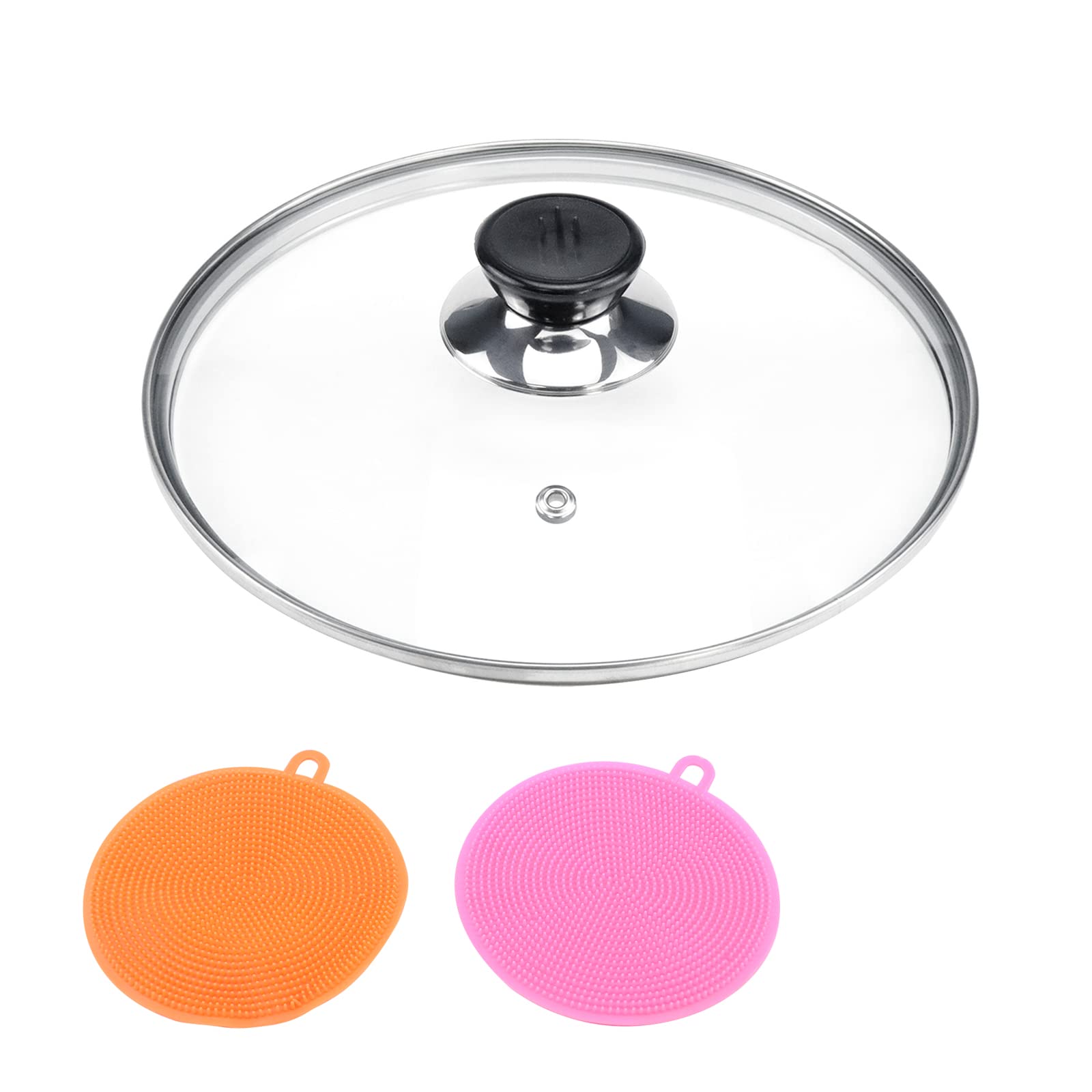 MY MIRONEY 8" Glass Lid for Pots with 2PCS Silicone Dish Scrubbers(Color Random), Clear Tempered Glass Round Lid Cover with Plastic Heat Resistant Handle for Frying Pan, Skillet, Cookwa