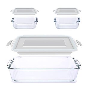 Luvan Glass Baking Dish, 2.3 qt Rectangular Baking Dish and 2 Pack Glass Food Storage Container with Airtight Lid,Freezer Oven Safe Glass Bakeware, Easy Grab(3pc（Bakeware+Containers ）)