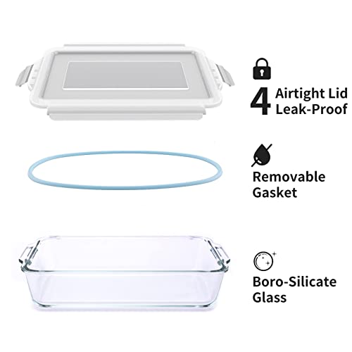 Luvan Glass Baking Dish, 2.3 qt Rectangular Baking Dish and 2 Pack Glass Food Storage Container with Airtight Lid,Freezer Oven Safe Glass Bakeware, Easy Grab(3pc（Bakeware+Containers ）)