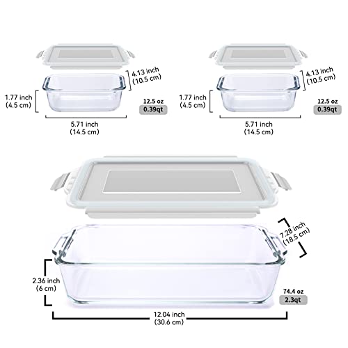 Luvan Glass Baking Dish, 2.3 qt Rectangular Baking Dish and 2 Pack Glass Food Storage Container with Airtight Lid,Freezer Oven Safe Glass Bakeware, Easy Grab(3pc（Bakeware+Containers ）)