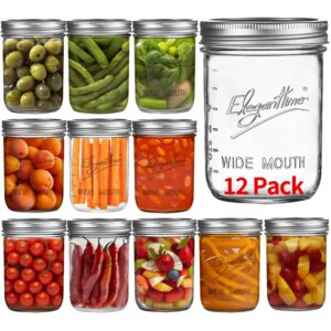 eleganttime wide mouth mason jars 16 oz,12 pack canning jars with lids,airtight container glass jars for candles,home decor,overnight oats,fruit preserves,jam or jelly