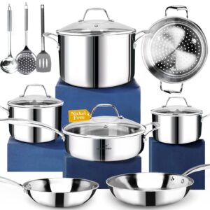 homichef 14-piece nickel free stainless steel cookware set whole-clad 3-ply - mirror polished pots and pans set - healthy cookware set with steamer - non-toxic induction cookware sets