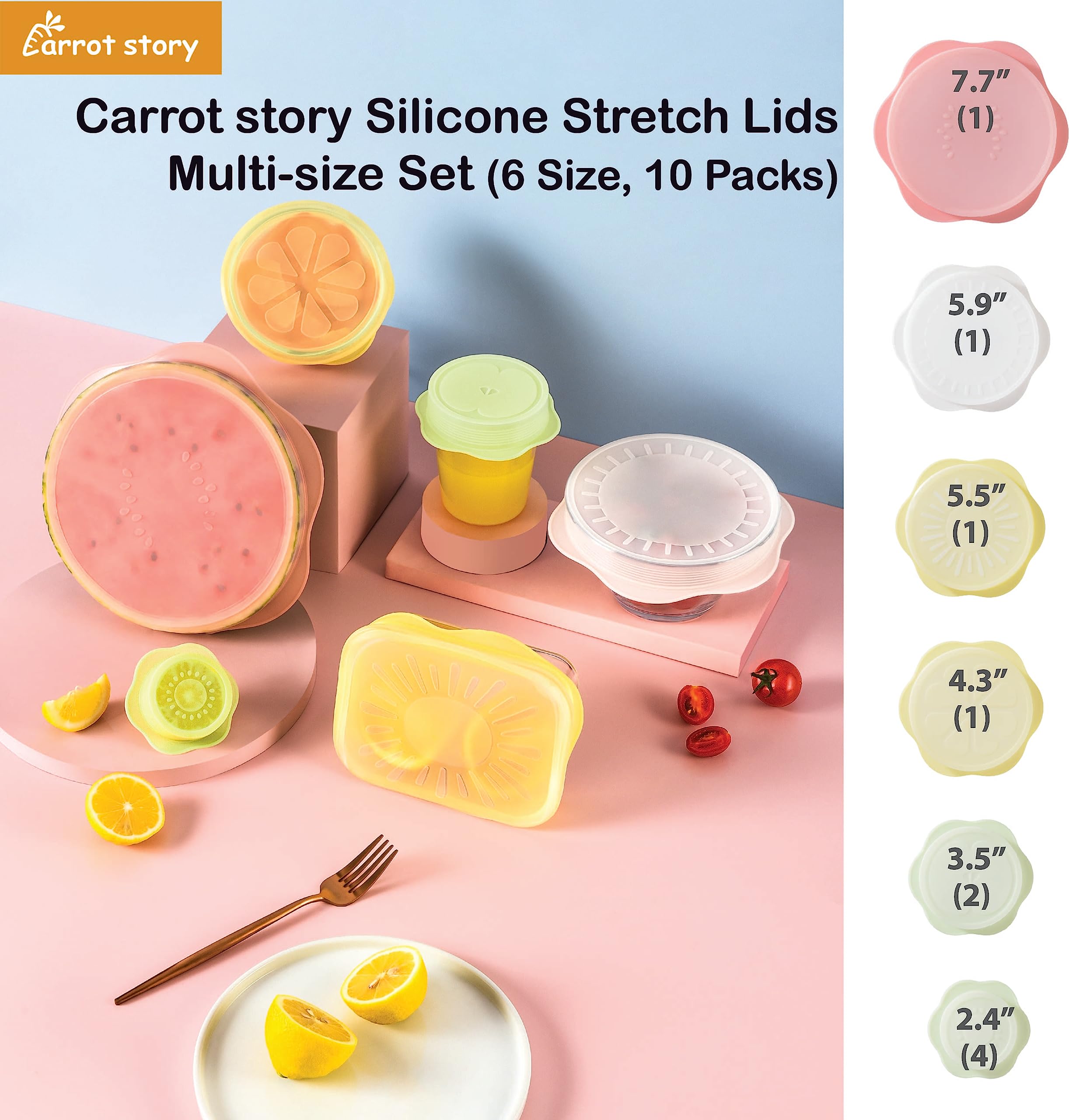 Carrot story Silicone Reusable Stretch Lids, Multipack of 10, BPA Free Reusable Stretch lids for Food Cans, Jars, Bowls, Fruits, and Vegetable, Microwave and Freezer Compatible